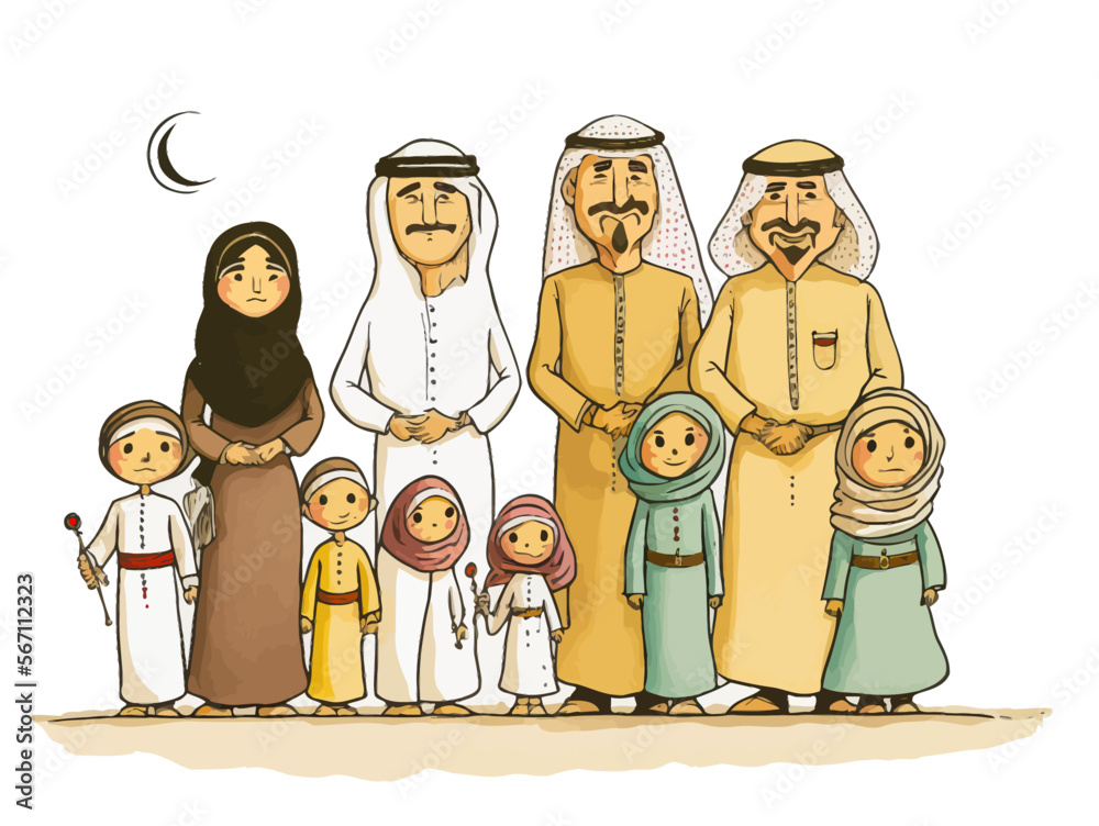 Qatari multi-generational family group comically illustrated with ...