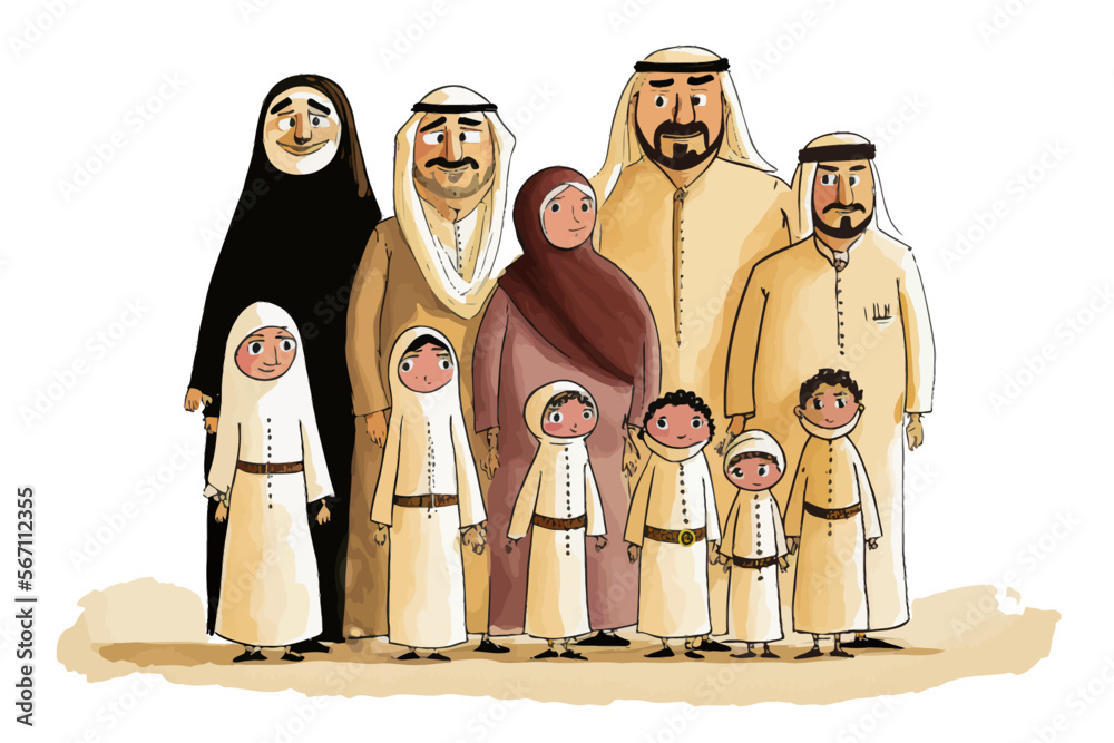 Animated group of several generations of the Qatari family ...