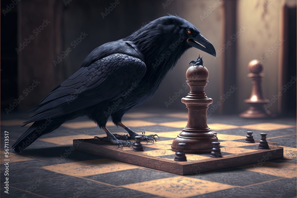 a black crow sitting on top of a chess board next to a pawn and a black ...