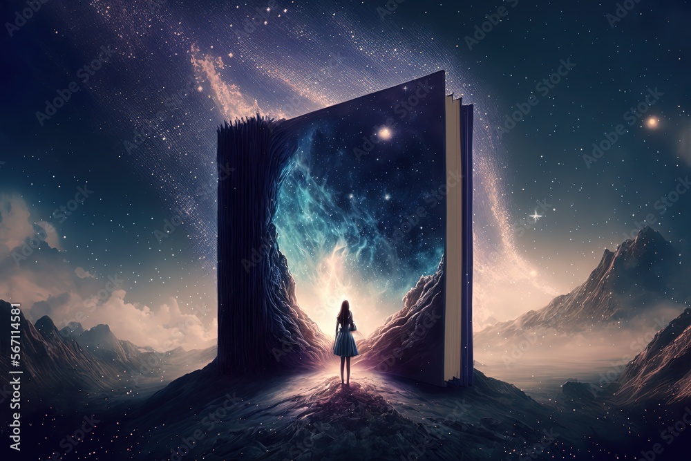 a girl stand on a giant book opened on ground with fairytale nature pop ...