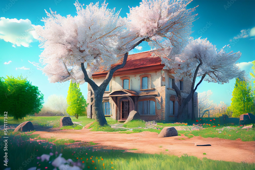 Desolate ancient clay country house, sweet cherry tree in blossom enjoy ...