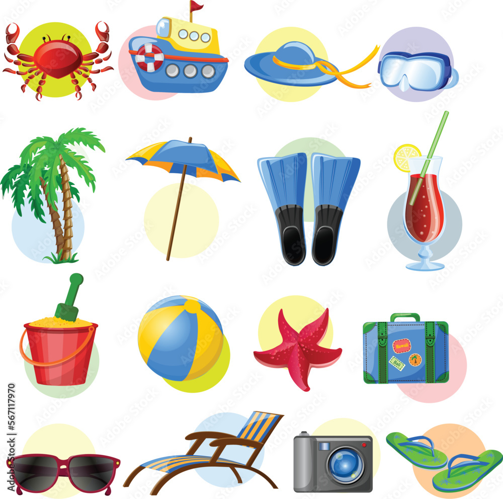 Cartoon summer elements, travel, beach, summertime accessory. Cocktails ...