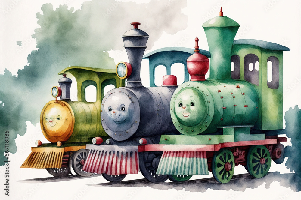 Three toy trains with faces watercolor, Generative AI Stock ...