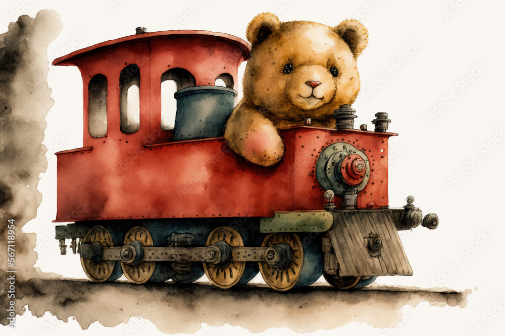 Red trains in tune with teddy bear driving watercolor, Generative AI ...