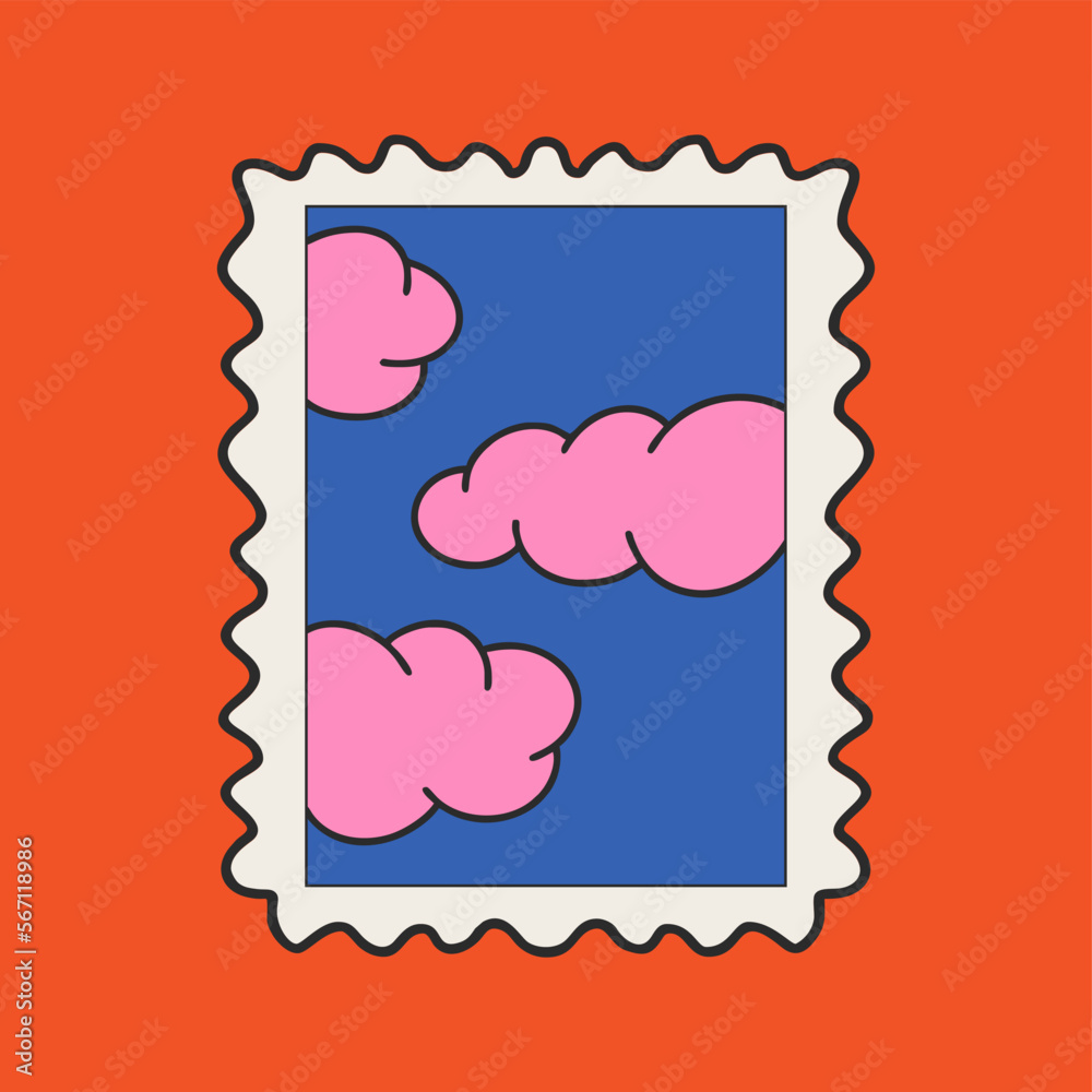 Clockwork sticker, postage stamp, sky with pink clouds. Funky, hippie ...