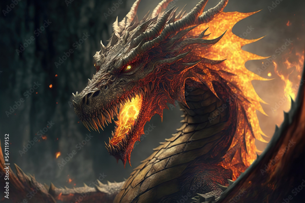 Old ancient fire dragon, glowing eyes, thick scales, dragon mouth with ...