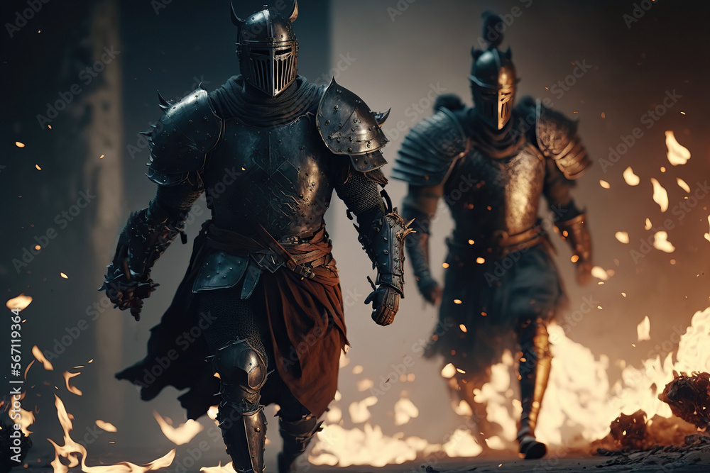 Knights on battlefield after victory. Everything is on fire. Knights ...