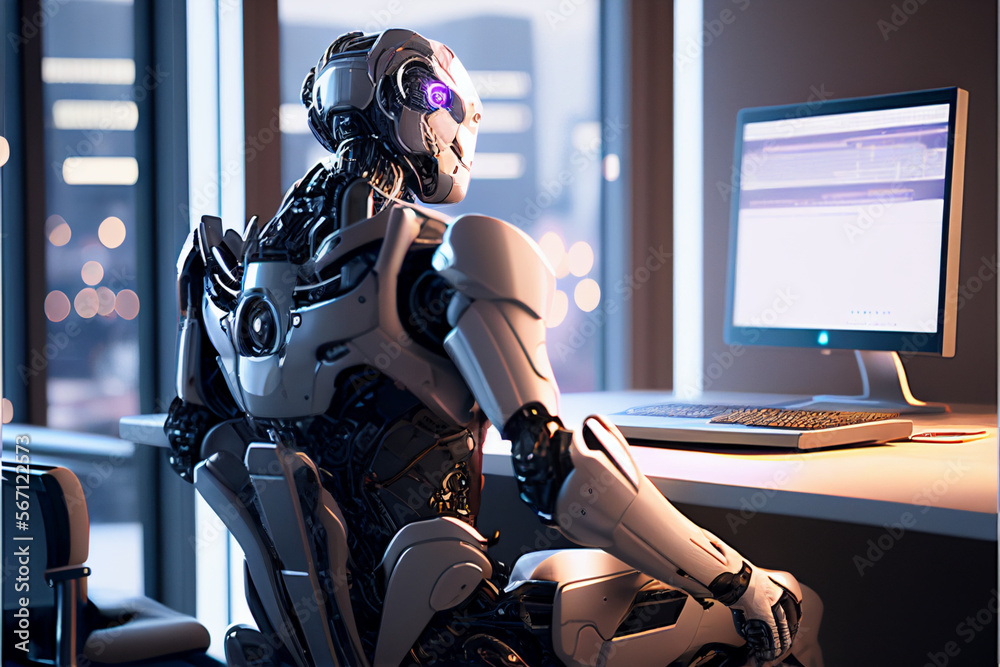 AI artificial intelligence robot android white seated at a desk in a ...
