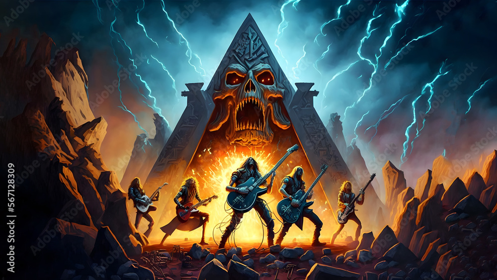 hellish heavy metal rock musicians band with electric guitars in rock ...