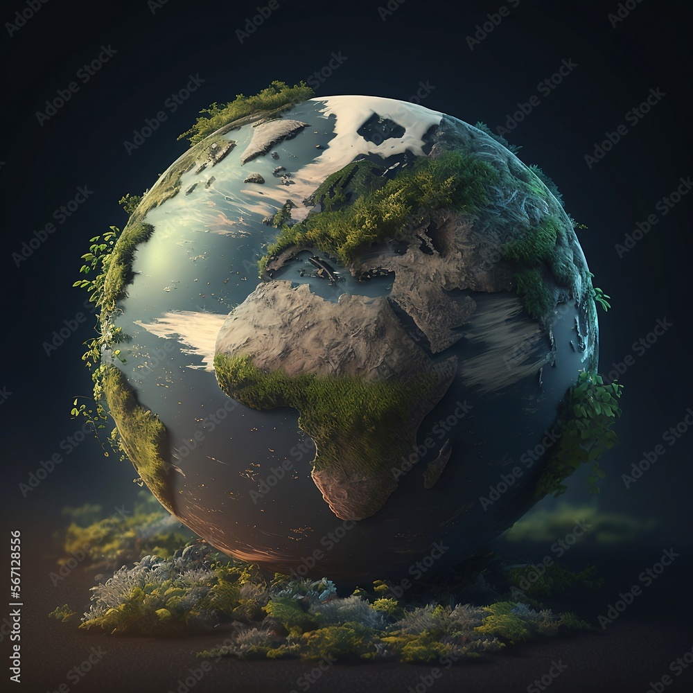 Planet earth in space with topological 3D terrain, overgrowing many ...