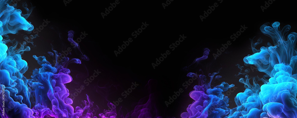 Multicolored thick smoke, blue and purple neon on a black background ...