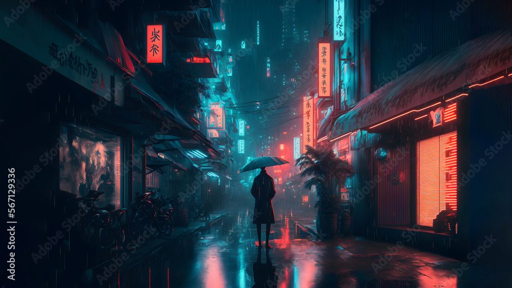 rainy night in cyberpunk chinese city street, neural network generated ...