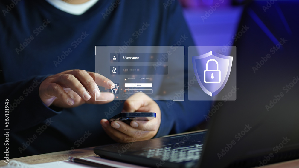Cyber security and online data protection on internet. Finger touching ...