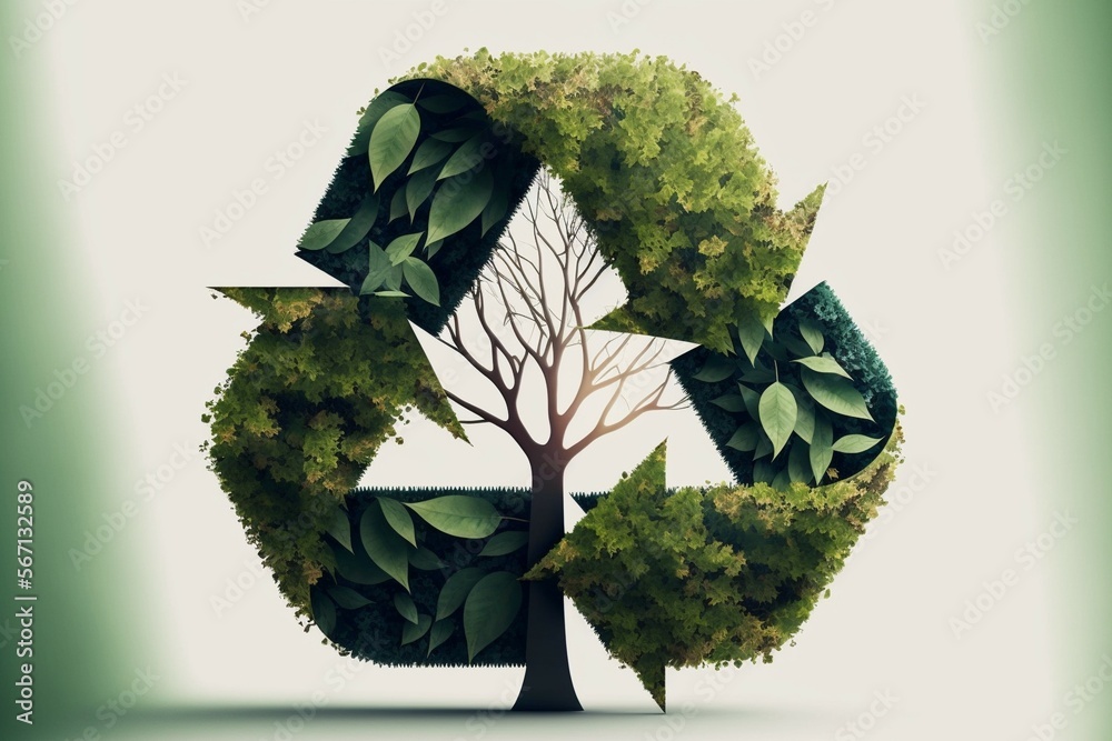 recycling logo made from leaves with tree in the middle, circular flow ...