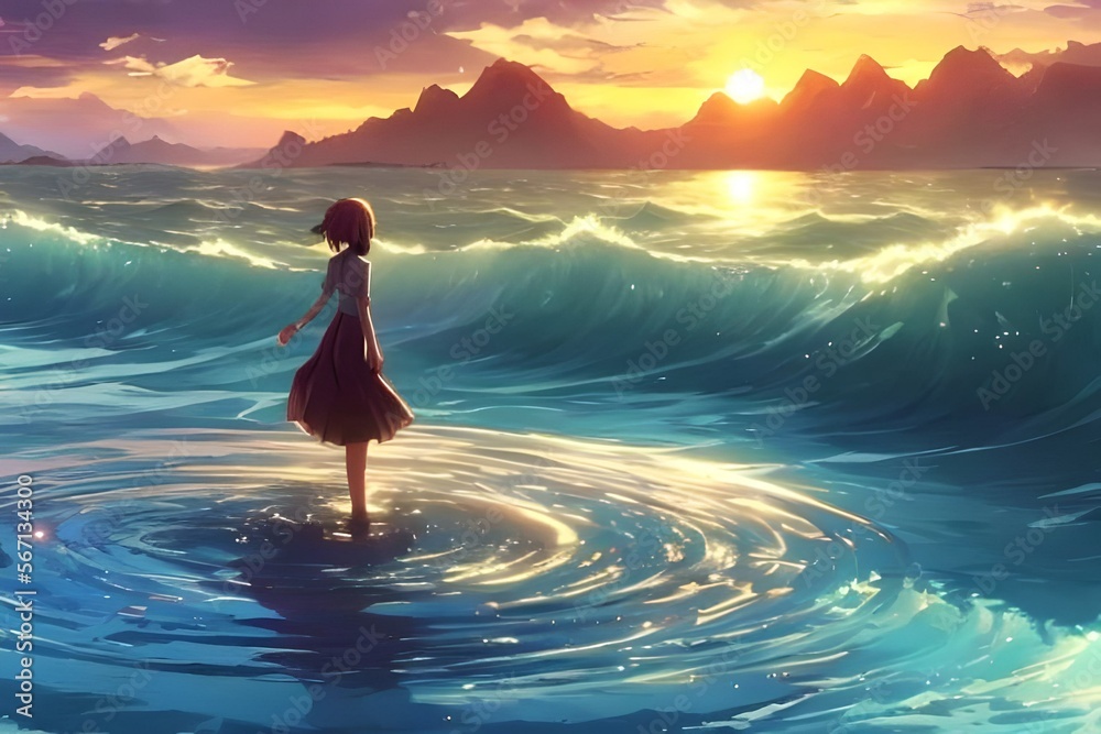 Beautiful Anime Scenery with Anime Girl, Generative AI Art Stock ...