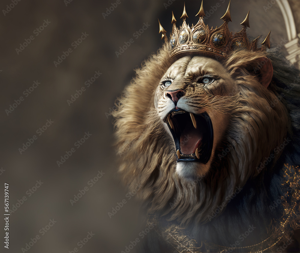 King male lion roaring aggressively wearing a gold crown sitting on the ...