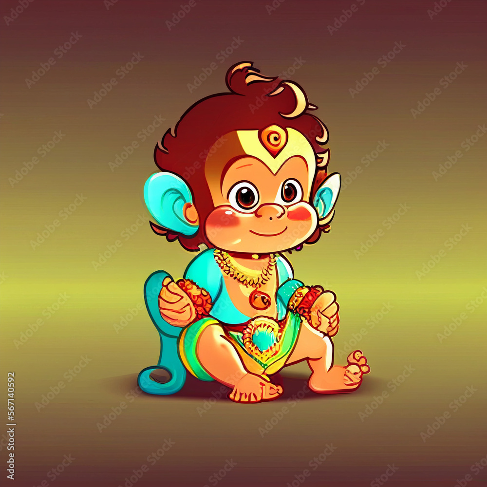 cute baby Hindu God Hanuman cartoon character style, generative AI ...