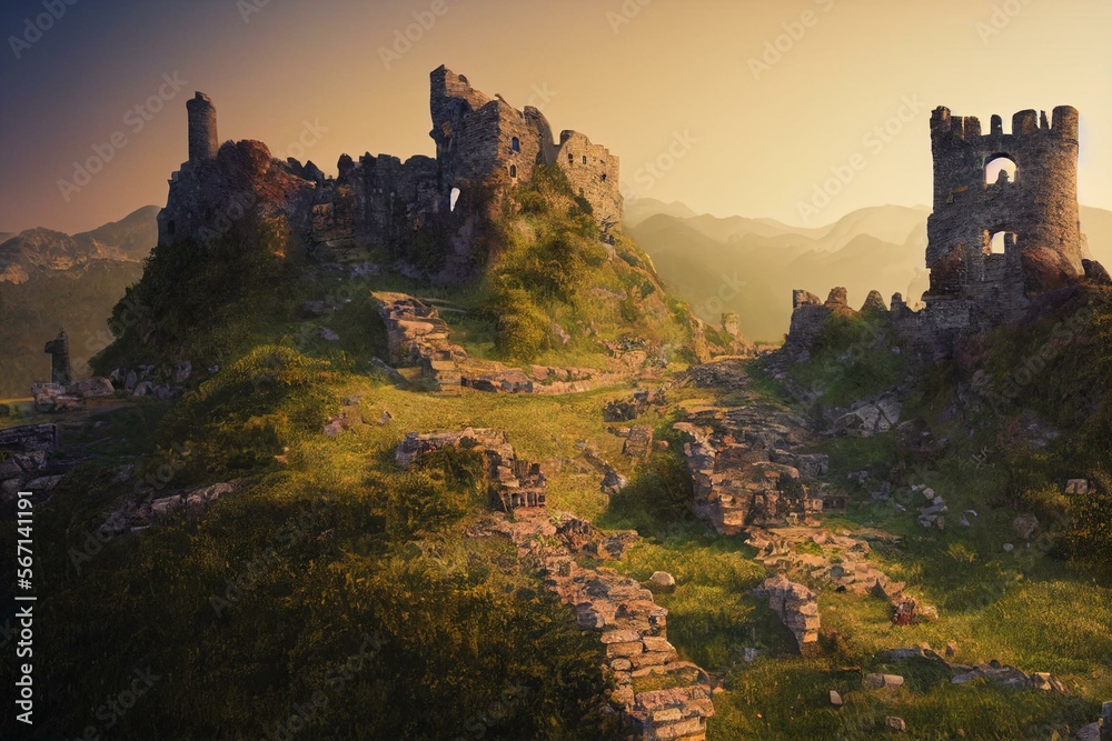 Ruins of medieval castle on cliff in mountains. Fantastic magical landscape of mountains at ...