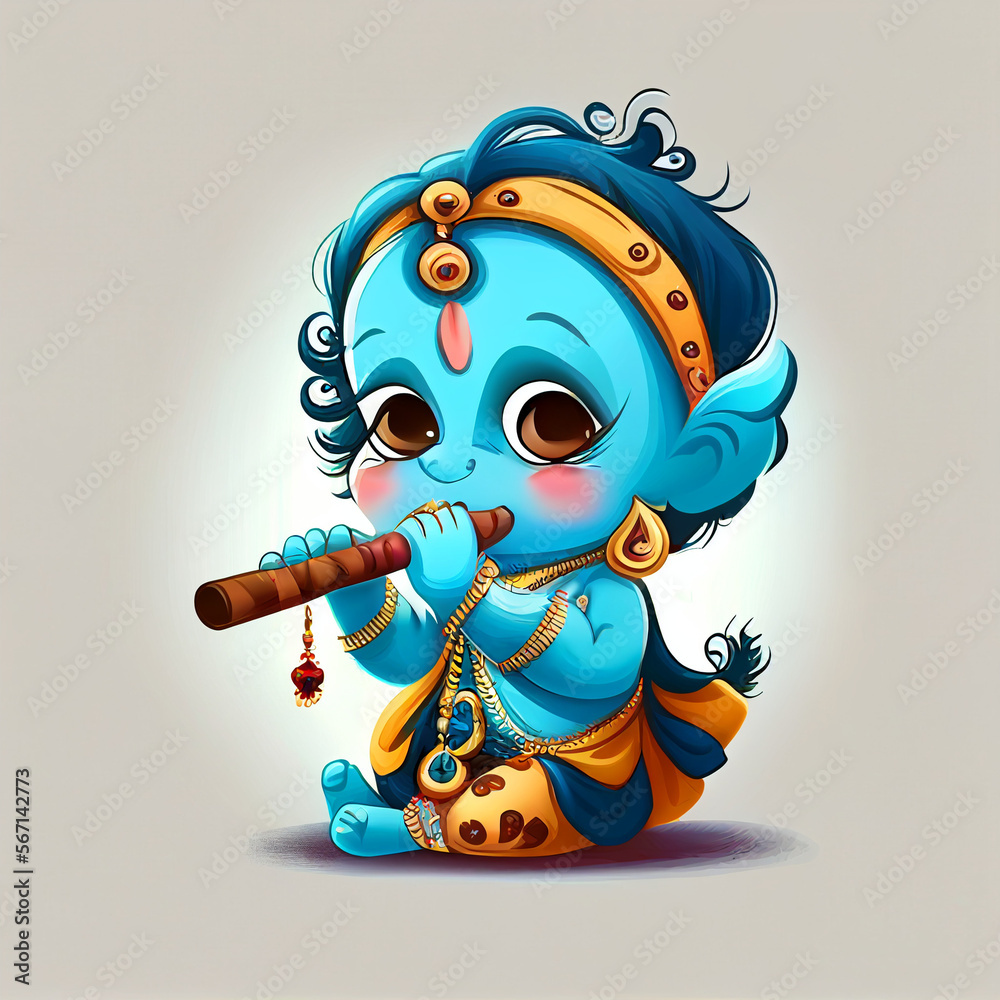 cute little baby God Krishna plays the flute, cartoon character style ...