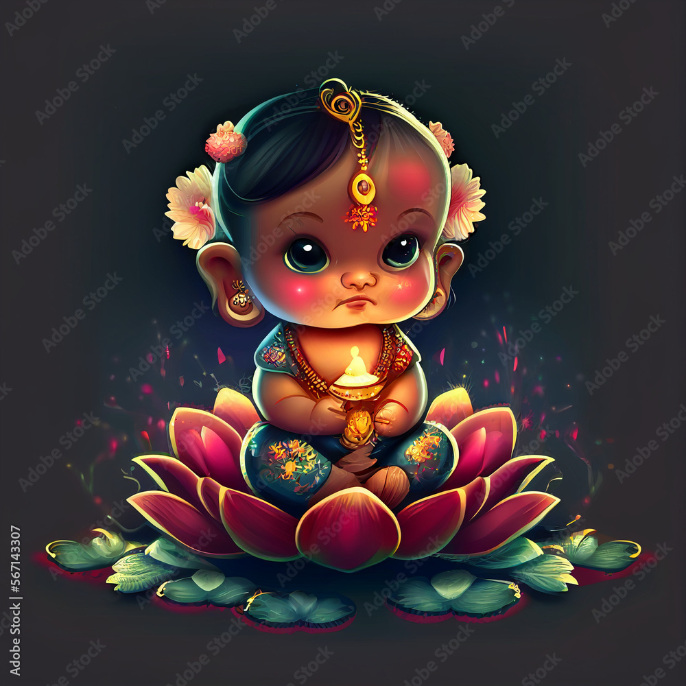 baby Hindu Goddess Lakshmi sitting on lotus flower, generative AI ...