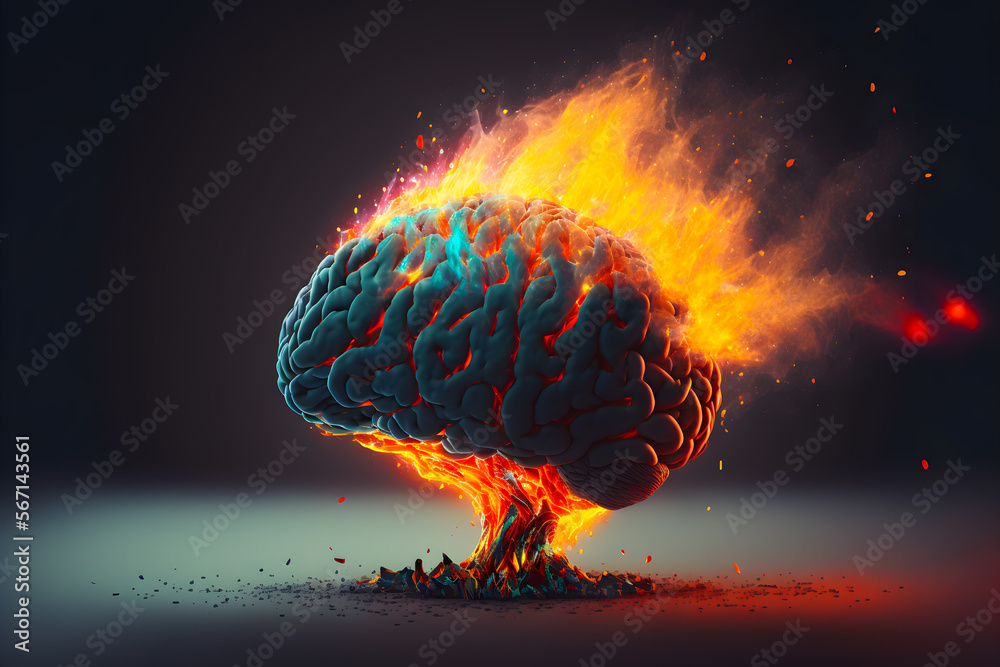The human brain is red-hot from high mental activity, hot fire smokes ...