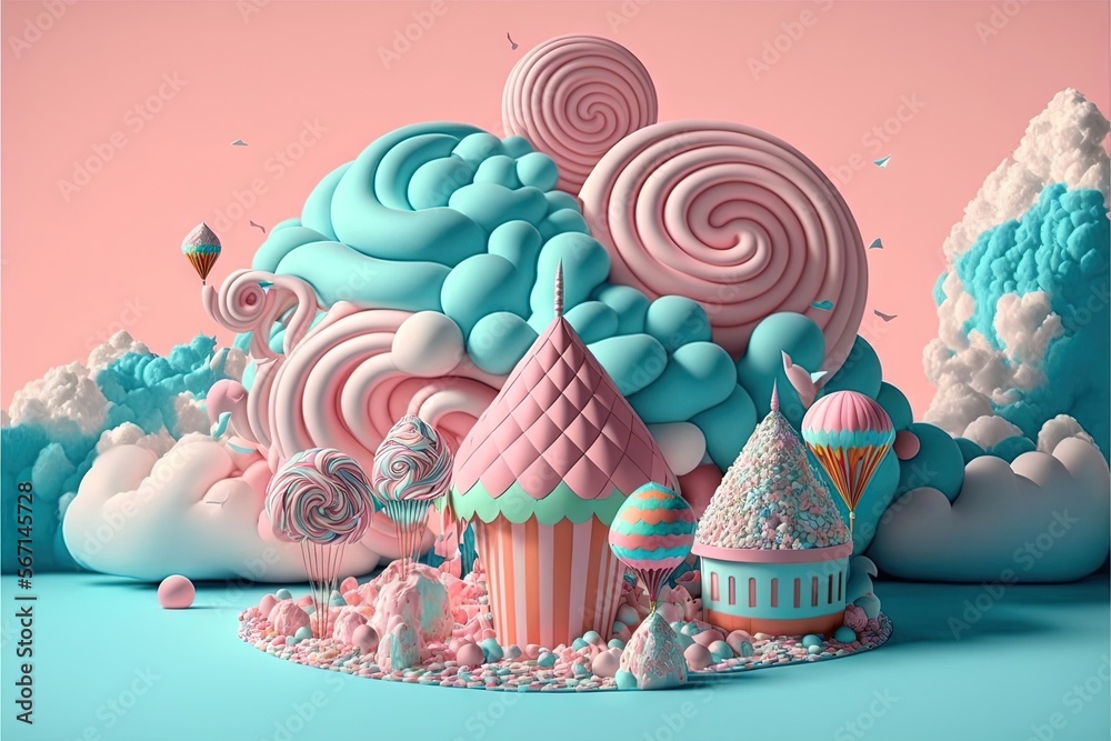 a colorful illustration of a candy land with a pink sky and blue clouds ...