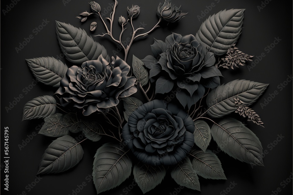 a bunch of flowers that are on a black surface with leaves and flowers ...
