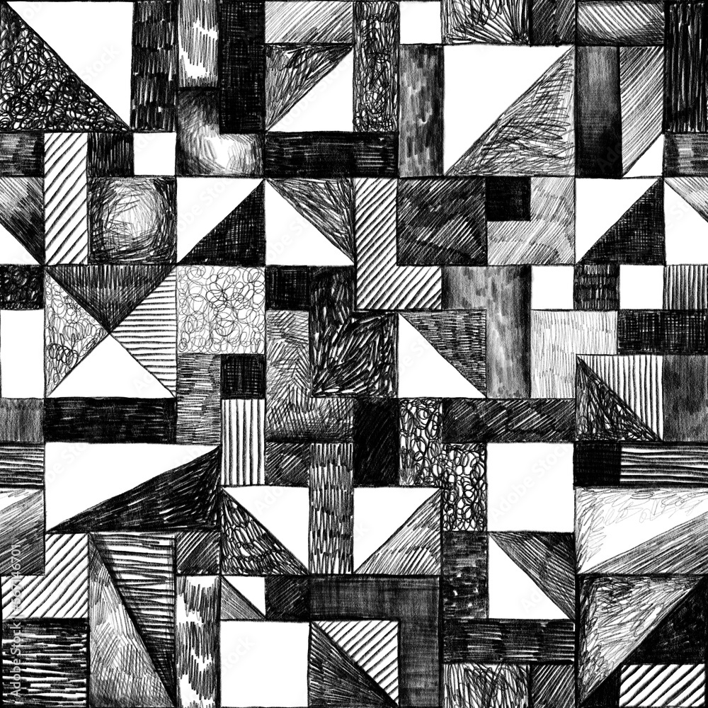 Hand drawn geometric seamless pattern. Black and white graphite pencil ...
