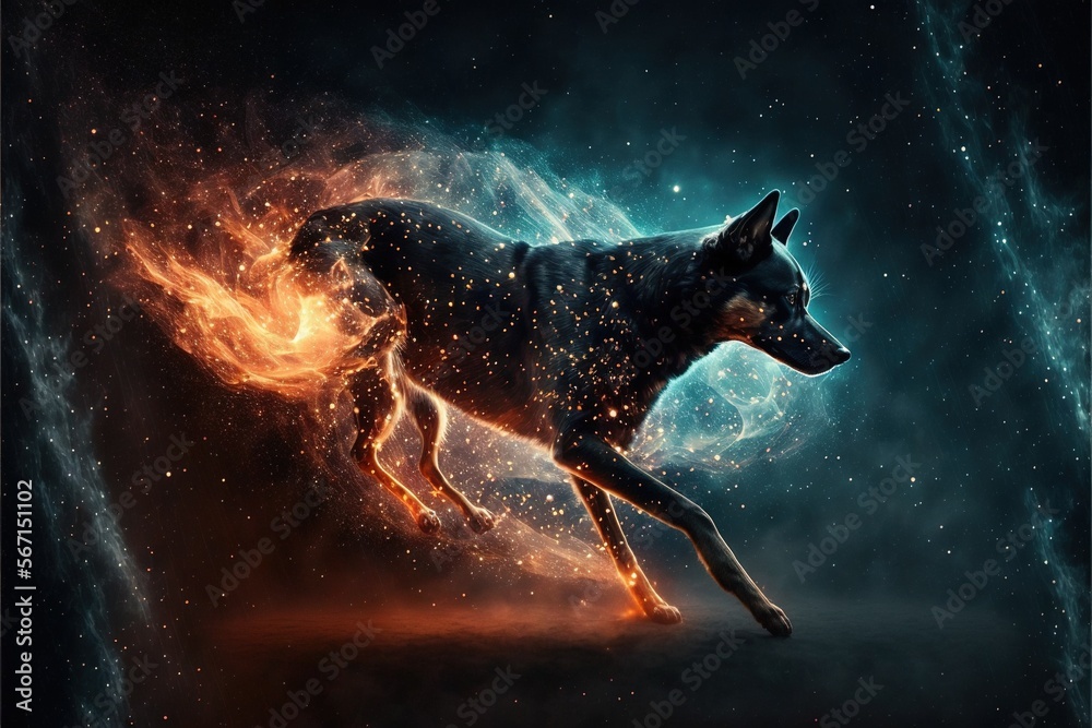 a digital painting of a dog running through space with a bright blue ...