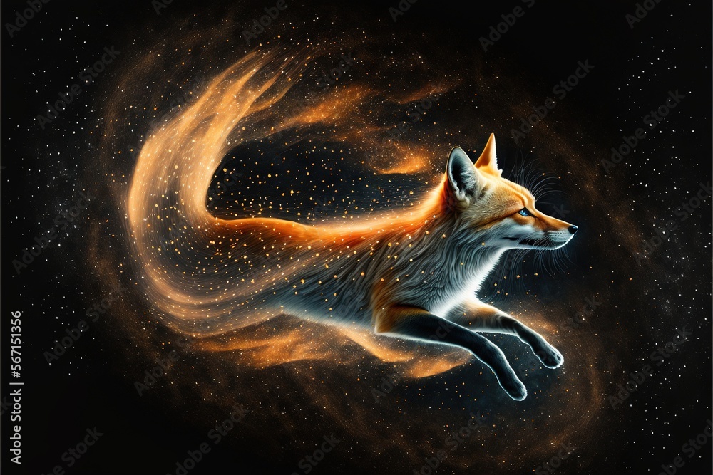 a picture of a fox flying through the air with a crescent in the back ...