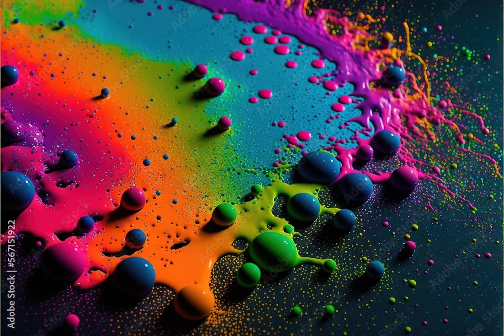 a rainbow colored substance with lots of water droplets on it's surface ...