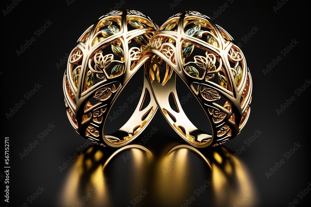 two gold rings with green and yellow stones on a black background with ...