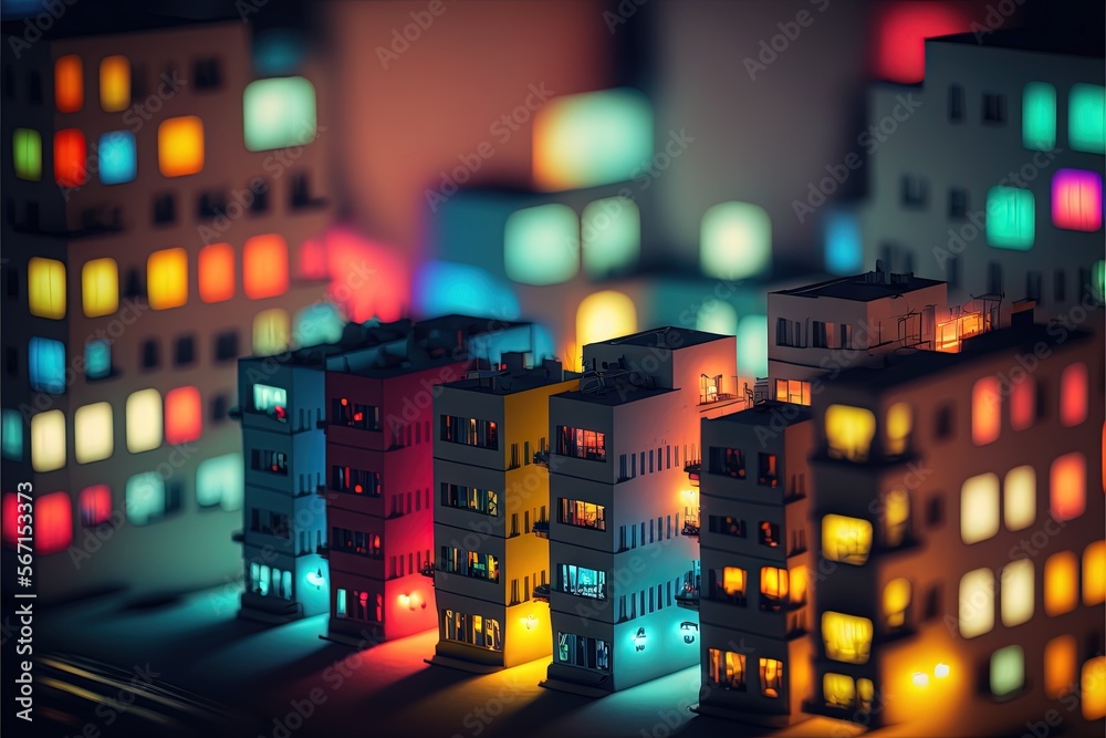 a group of buildings that are lit up with colored lights on the windows ...