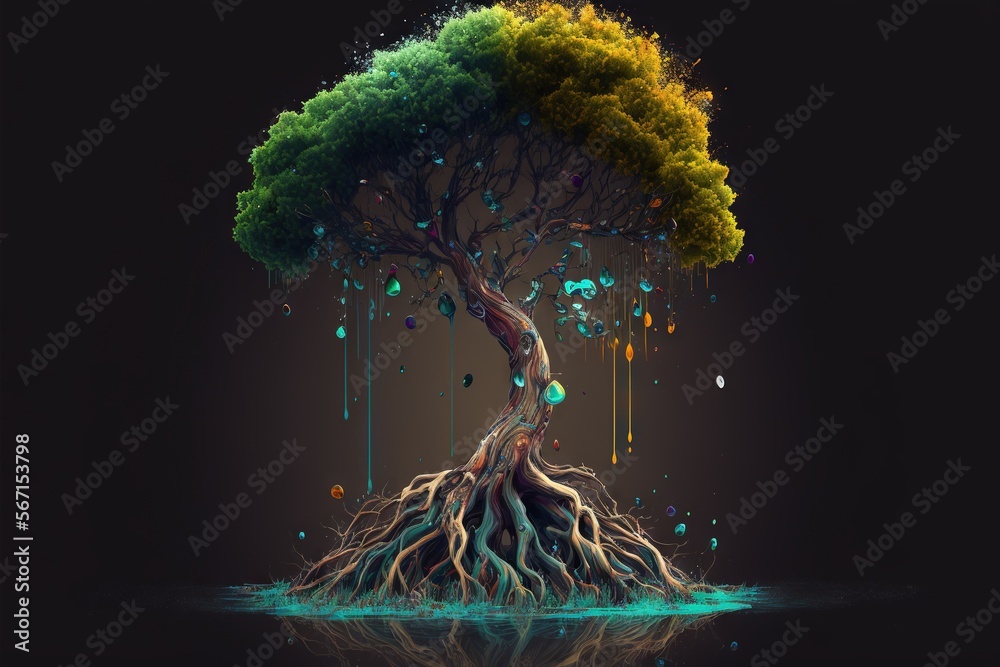 a tree with its roots growing out of the ground with water droplets on ...