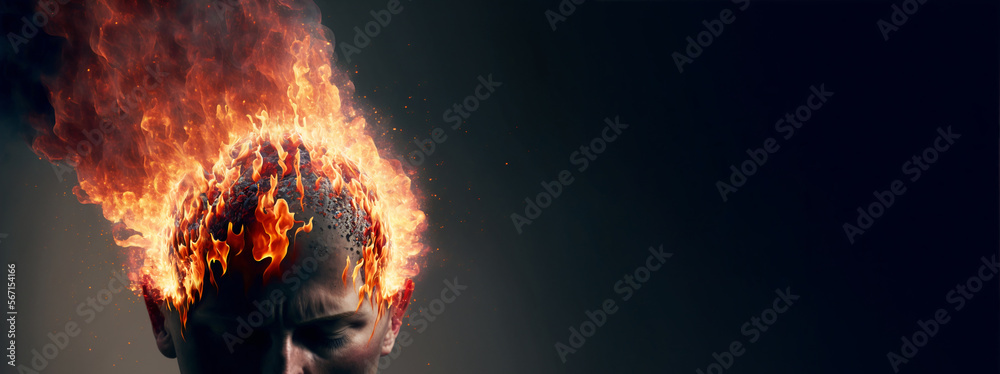 Head and fire. Headache, aggression, negative emotions concept. Losing ...
