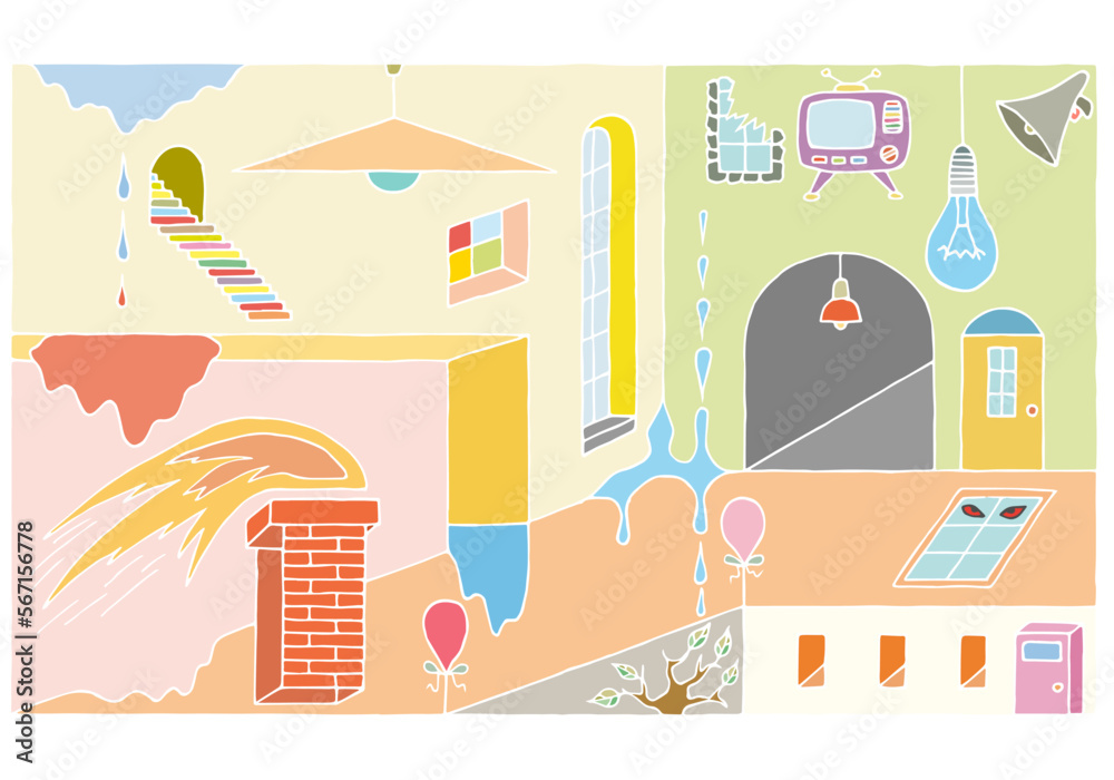 Psychedelic, surreal room interior. Hand Drawn. Freehand drawing ...