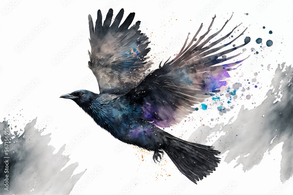 Watercolor Flying Raven Stock Illustration | Adobe Stock