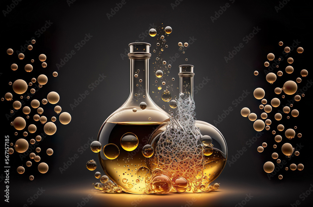 Perfumery production laboratory. Perfume bottles. Liquid essence oil ...