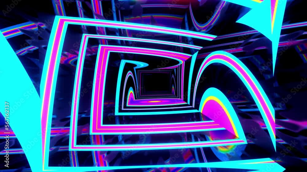 Multicolored pattern. Move through mirror tunnel with neon pattern ...