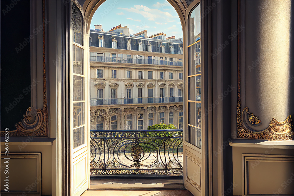 Paris view from a luxurious terrace, generative ai Stock Illustration ...