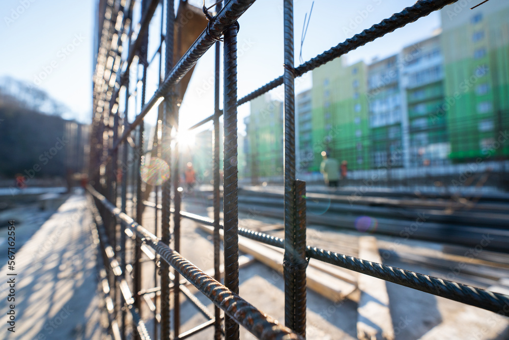 Tied iron rebar close up in sunlight. Tied iron rebar close up ...