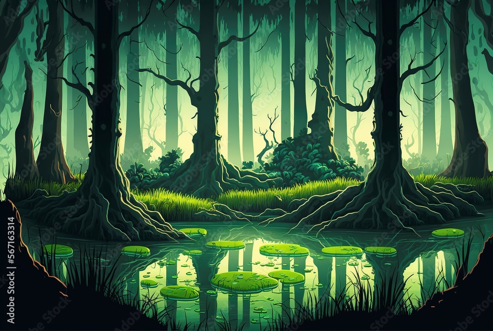 cartoon illustration, swamp with green water in deep nature, generative ...
