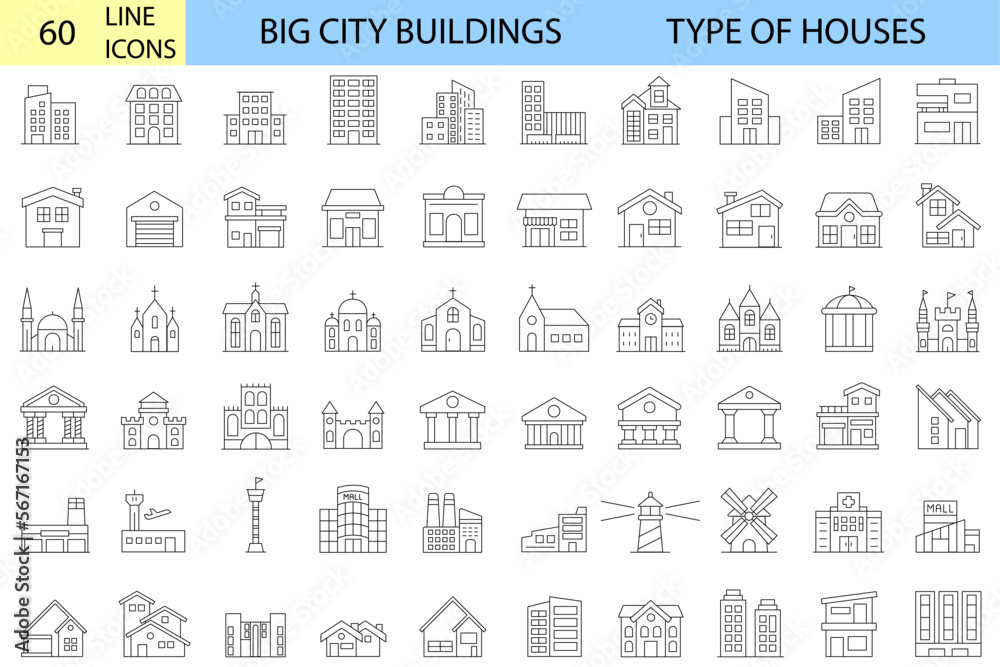 Vektorová grafika „type of houses. Set of linear icons of big city ...