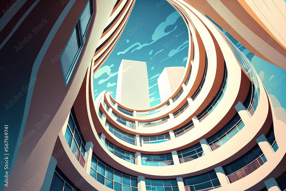 modern building design. View from the underside of the curved balconies ...