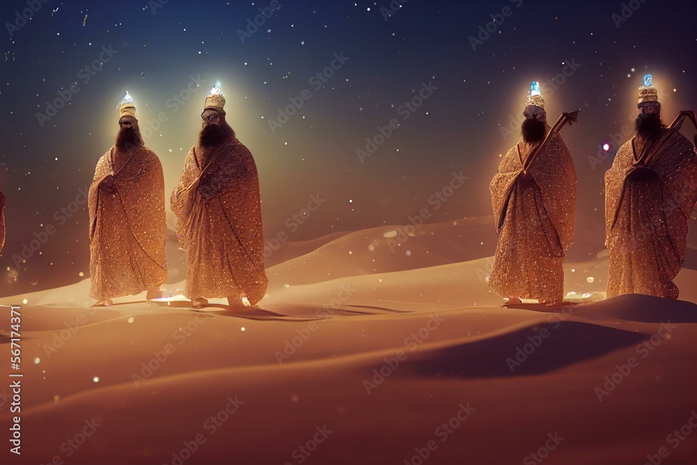 The three wise men with golden star and snowflakes. Concept for Reyes ...