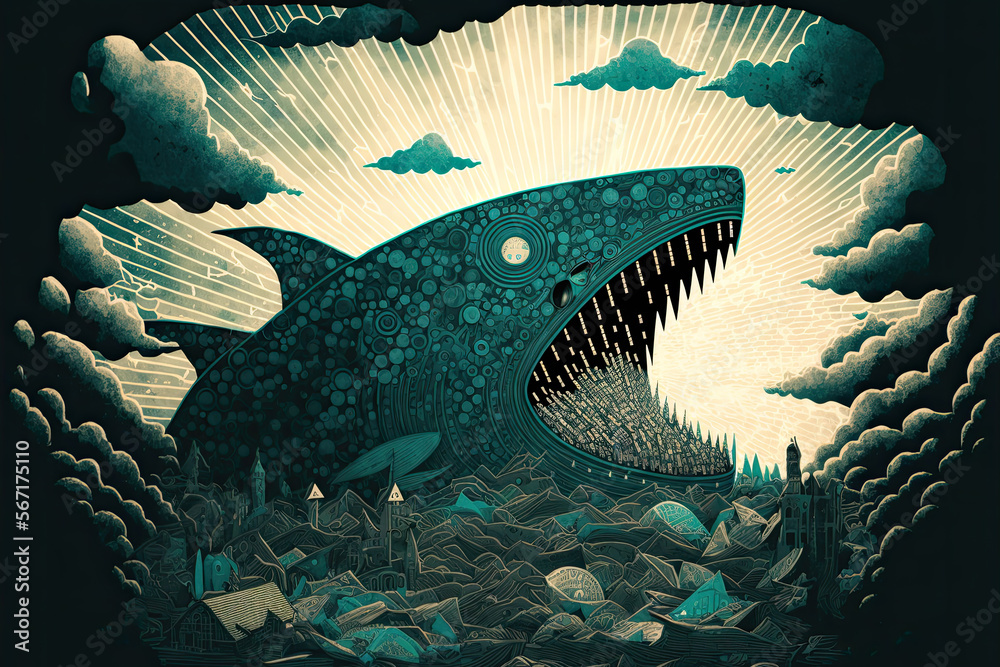 megalodon or shark seamonster, glowing full moon psychedelic vector ...