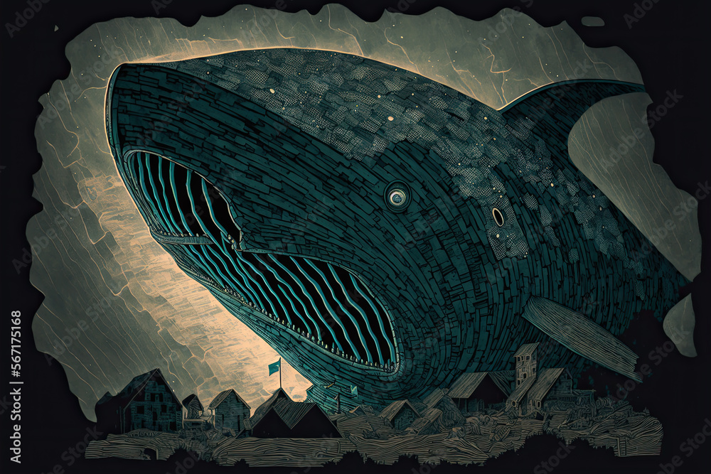 megalodon or shark seamonster, glowing full moon psychedelic vector ...