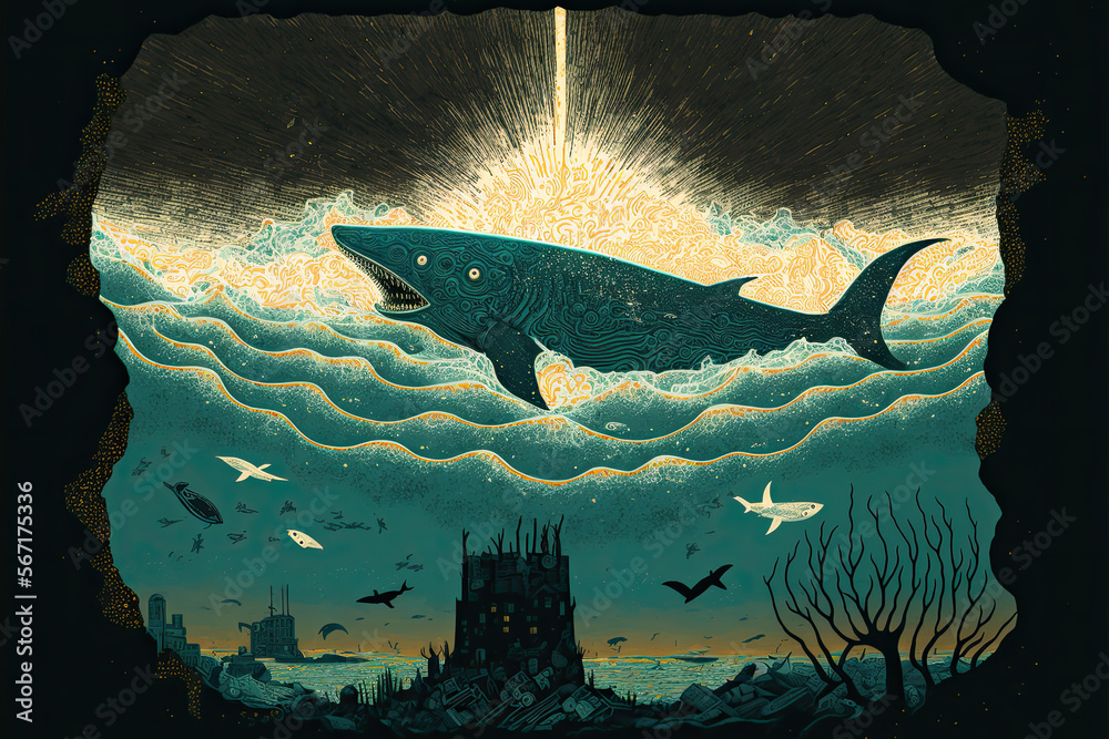 megalodon or shark seamonster, glowing full moon psychedelic vector ...