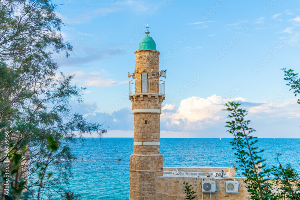 The minaret of Al-Bahr Mosque or Masjid al-Bahr, meaning in all ...
