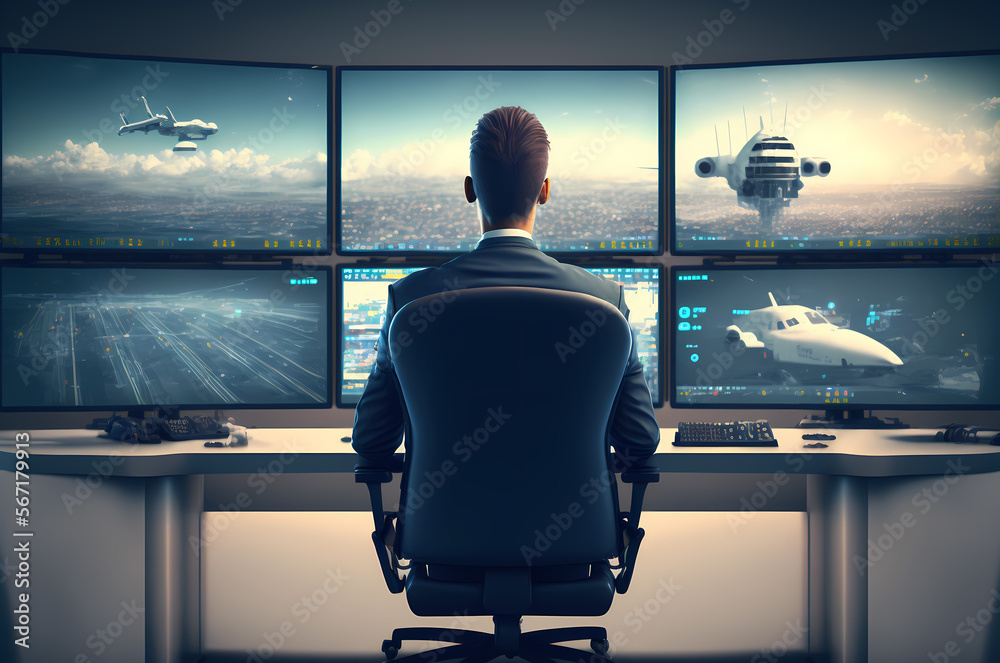 Air radar traffic Center, Airplane controller working airport tower ...